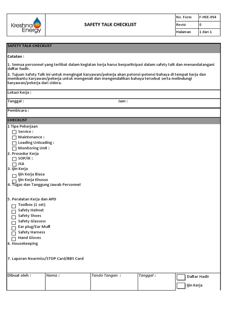 Safety Talk Checklist | PDF
