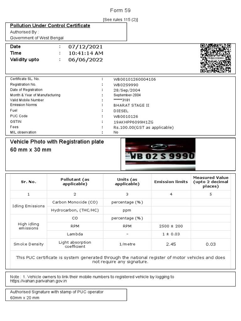 Pollution Under Control Certificate for a Diesel Vehicle Registered in ...