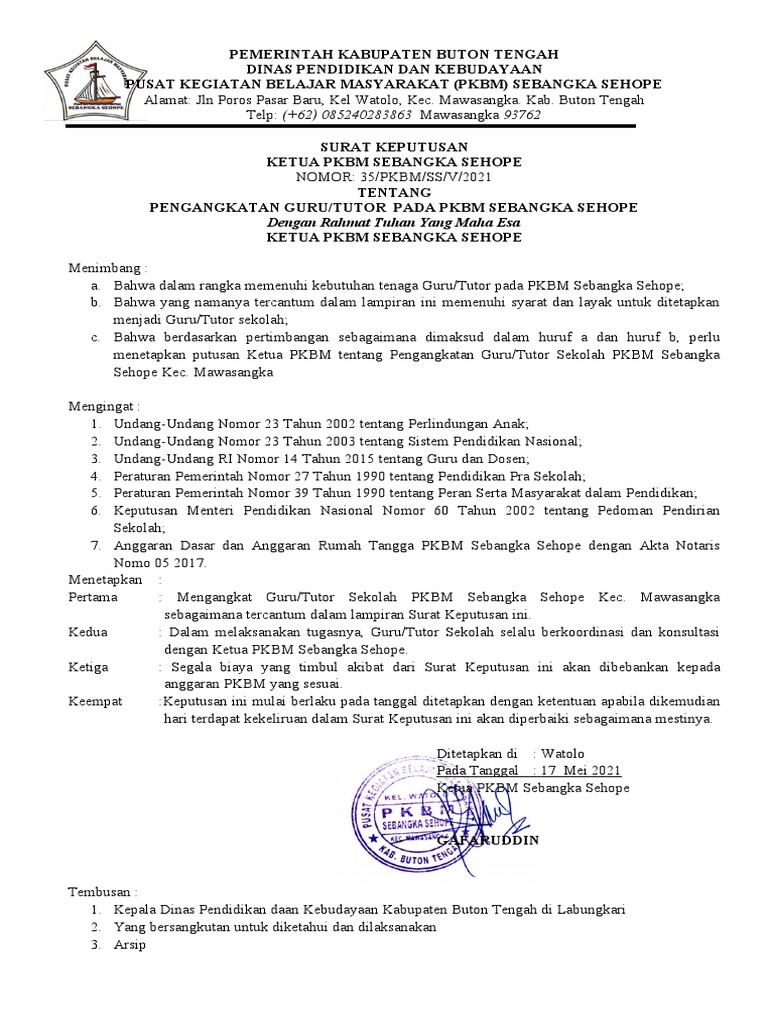SK Pembagian Tugas PTK 2021 | PDF