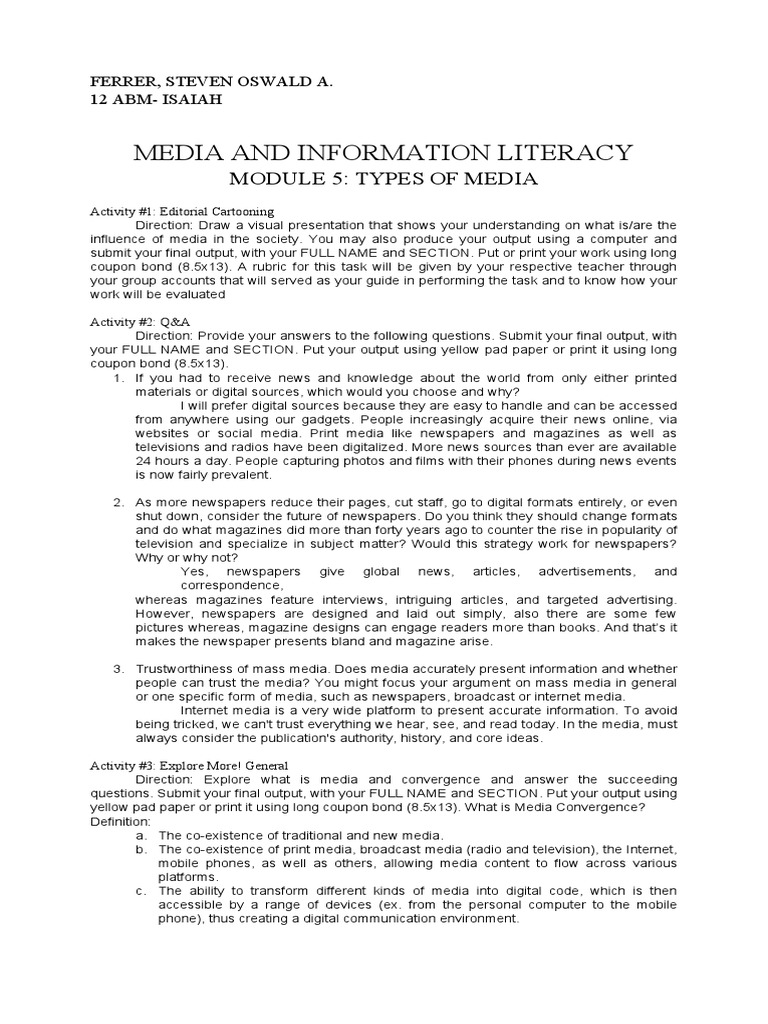 Media and Information Literacy: Module 5: Types of Media | PDF | Mass ...