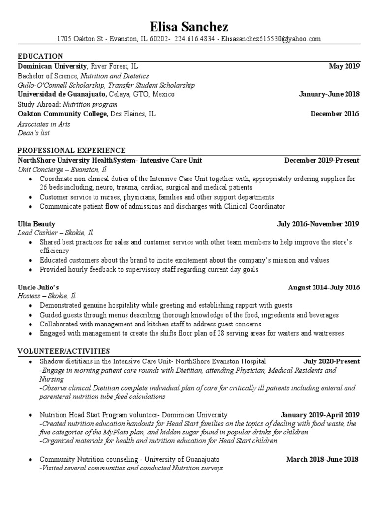 Elisa Sanchez Resume 2021 | PDF | Dietitian | Health Care