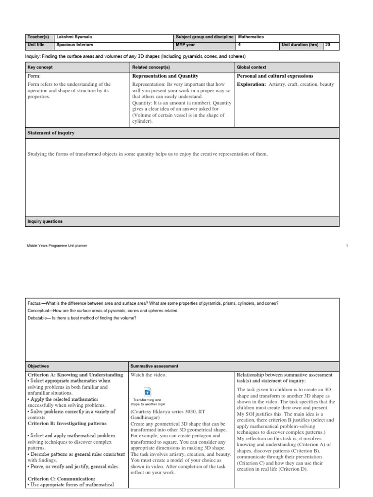 MYP Unit Planner - Spacious Interiors | PDF | Mathematics | Teaching ...