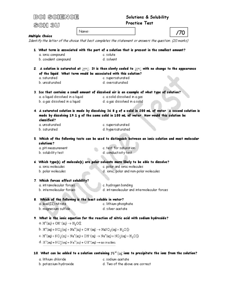 Solutions and Solubility Practice Test | PDF | Solubility | Titration