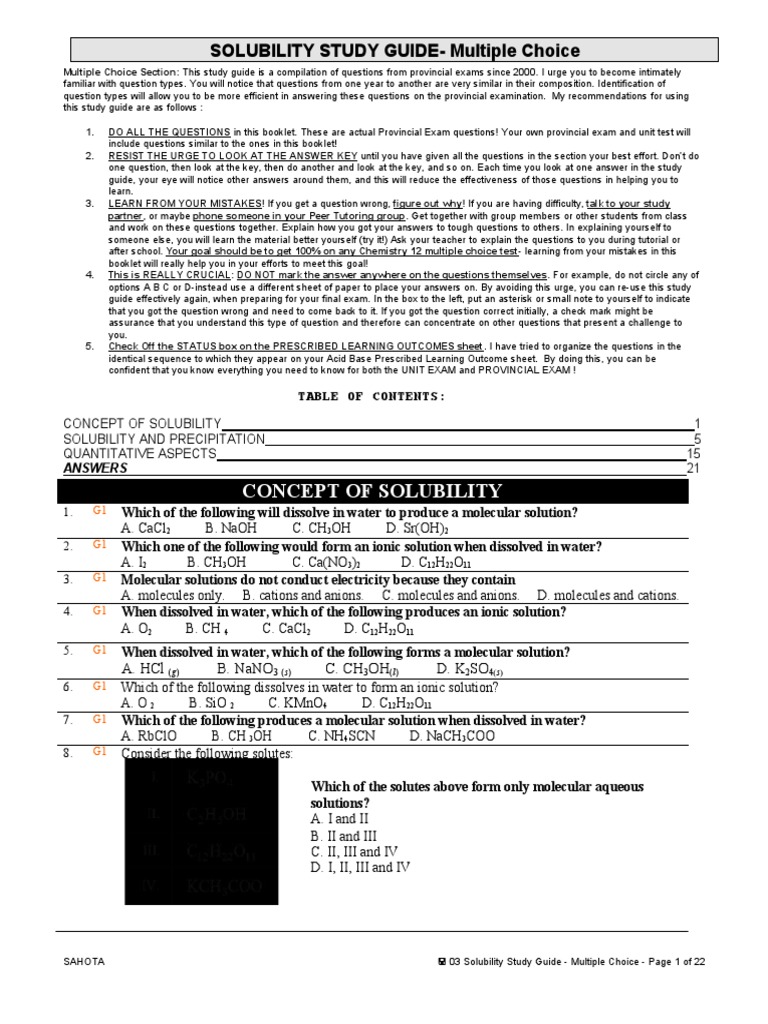 03 Solubility Study Guide - Multiple Choice | PDF | Solubility | Solution