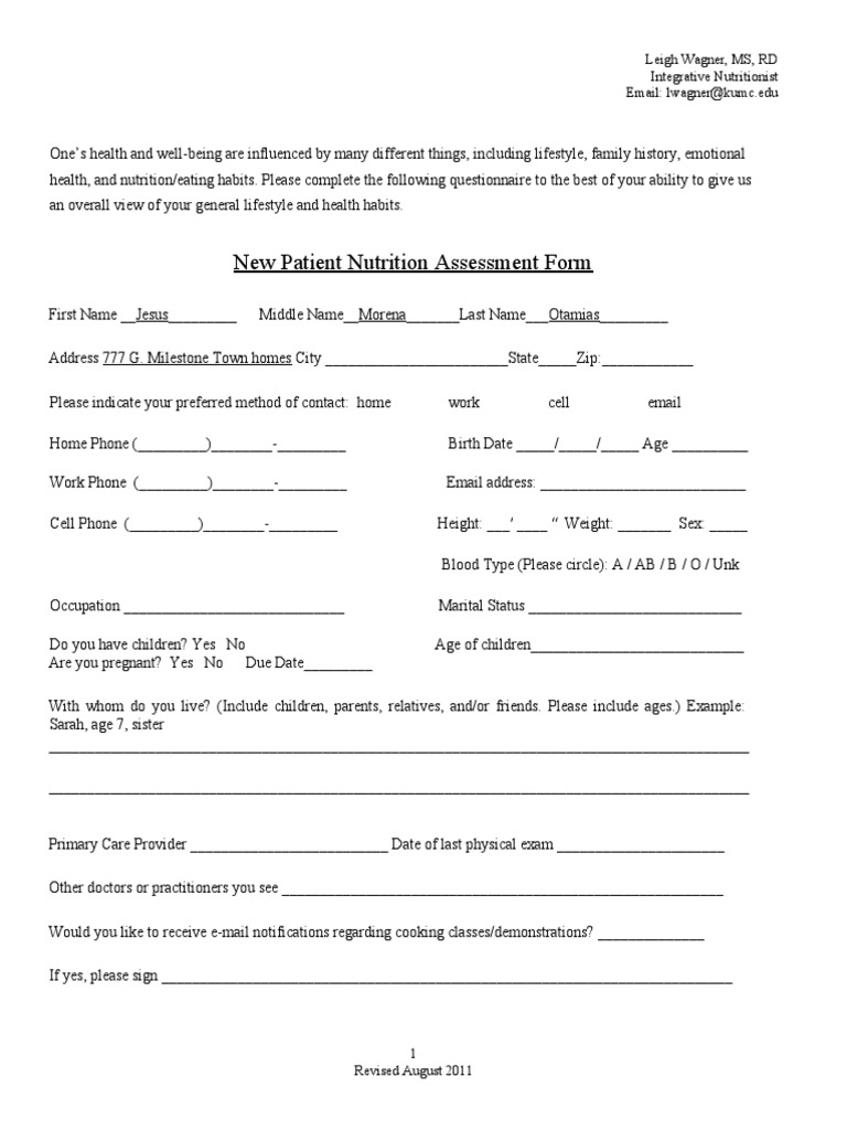 New Patient Nutrition Assessment Form: Leigh Wagner, MS, RD Integrative ...