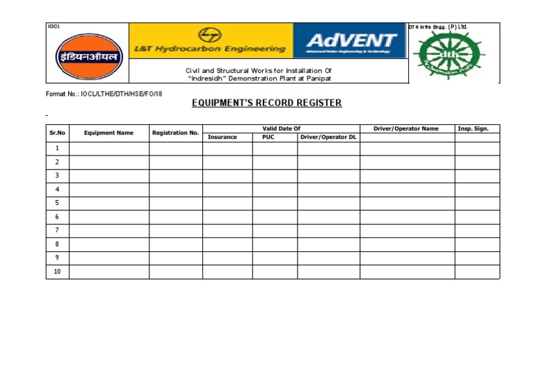 Equipment'S Record Register: Civil and Structural Works For ...