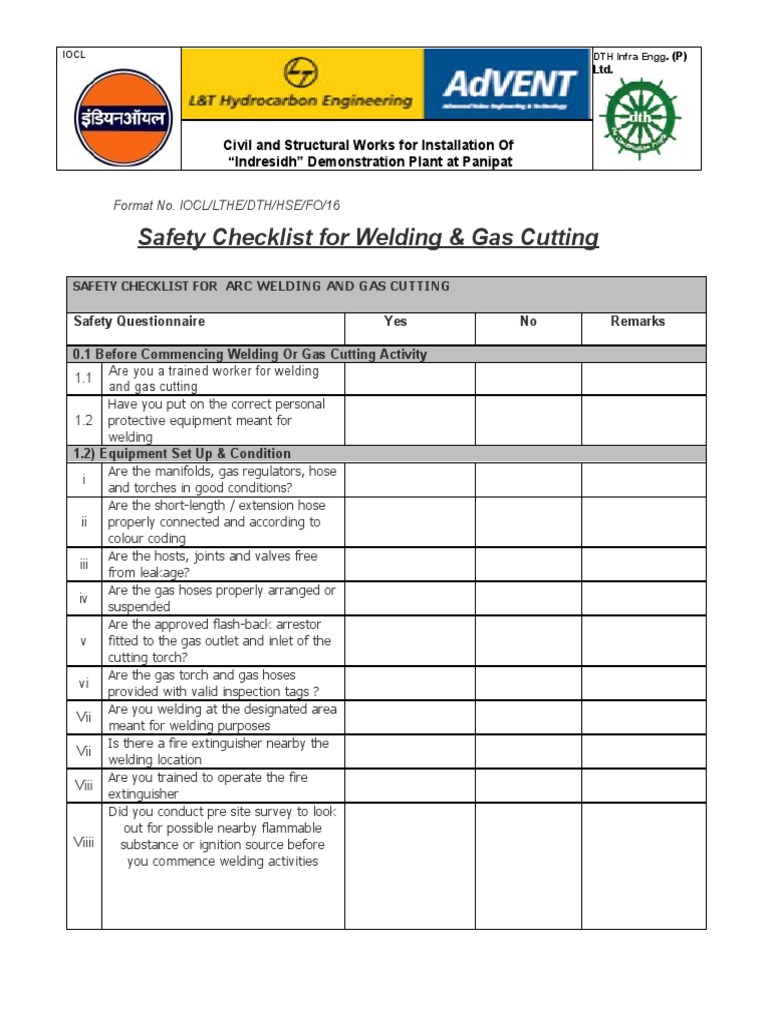 Gas Cutting & Welding Checklist | PDF | Industrial Processes | Energy ...