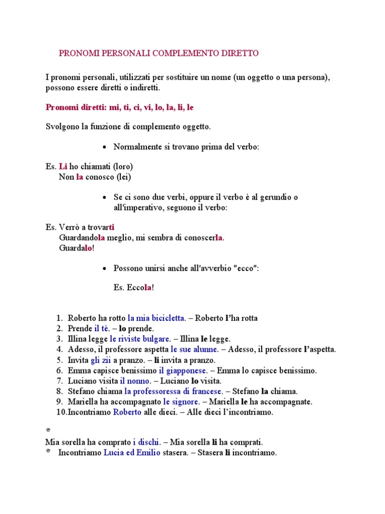 Pronomi Personali Complemento Diretto | PDF