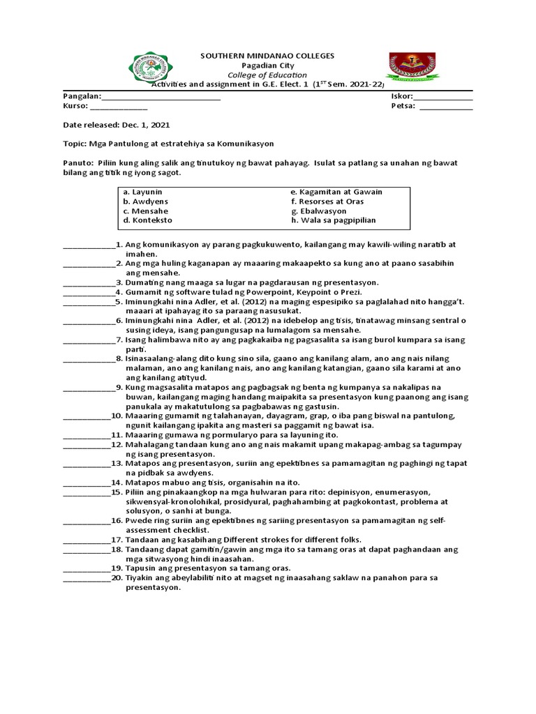 Assignment and Activities in G.E. Elect 1 Dec. 1 2021 | PDF