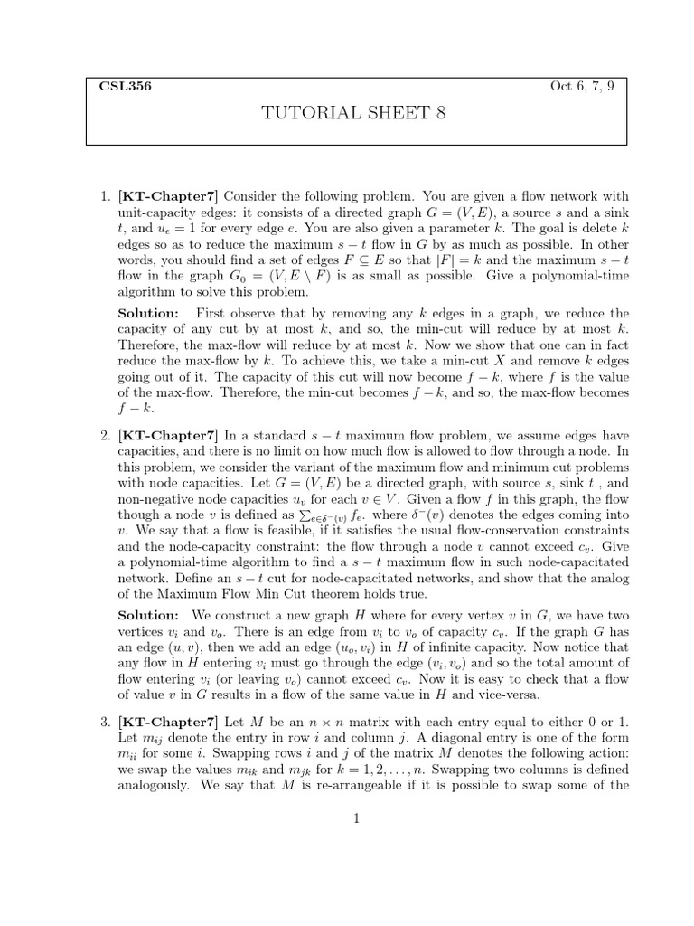 CSL356 Tutorial Sheet 8: Max Flow, Min Cut Algorithms | PDF | Mathematical Relations ...