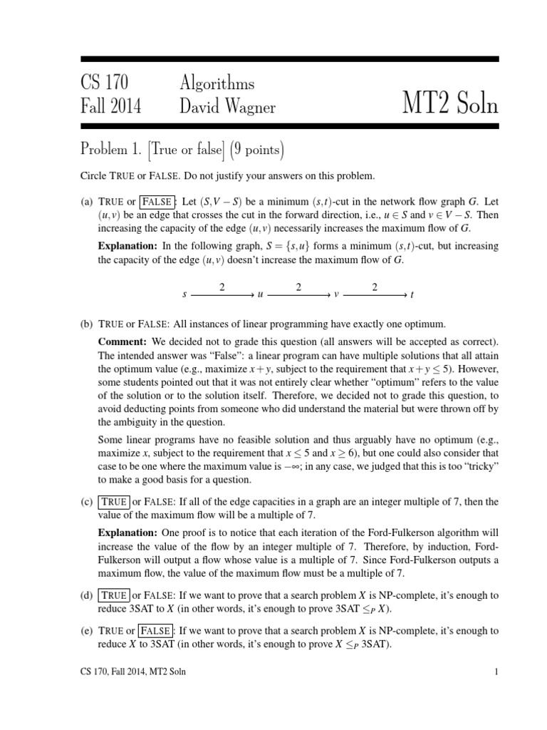 MT2 Soln: CS 170 Algorithms Fall 2014 David Wagner | PDF | Linear Programming | Dynamic Programming