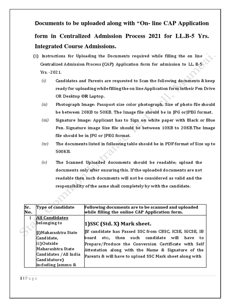 Document Upload Requirements for the Online LL.B-5 Years Integrated ...