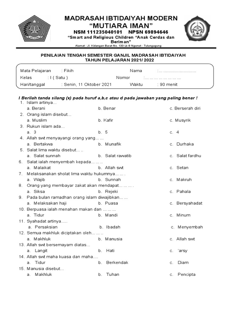 Soal Fiqih Kelas 1 | PDF