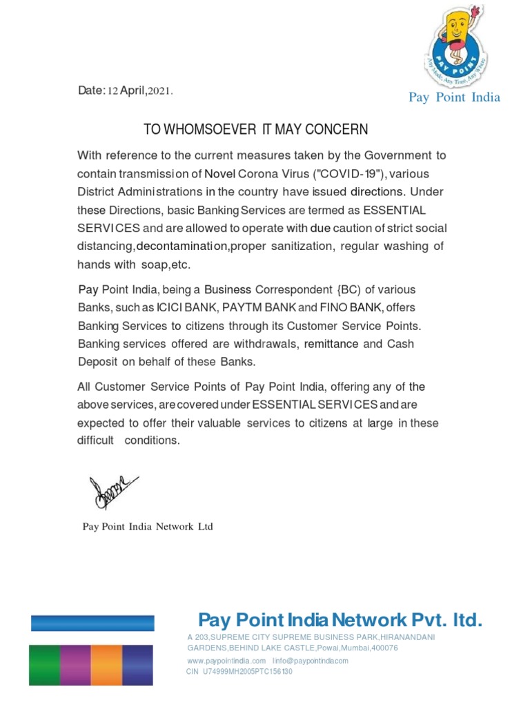 To Whomsoever It May Concern: Pay Point India Network Pvt. LTD | PDF