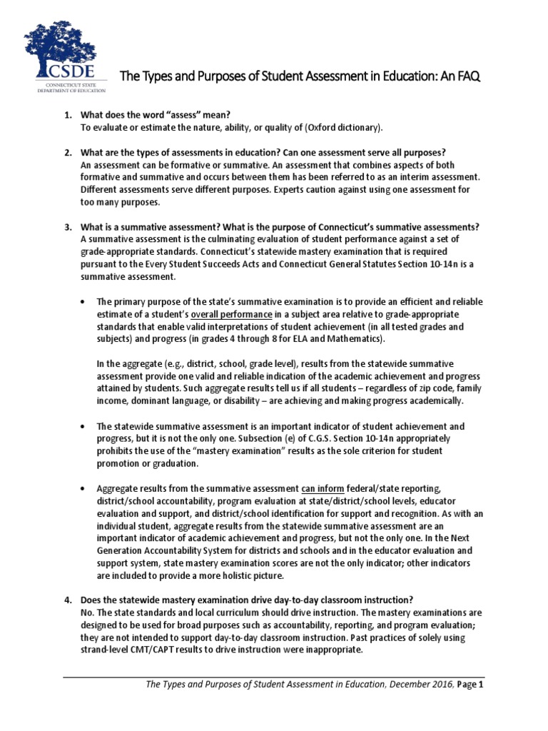 The Types and Purposes of Student Assessment in Education: An FAQ | PDF ...