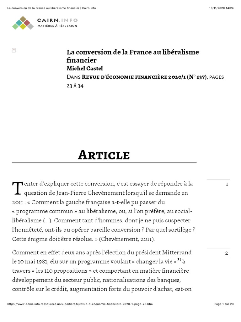 La Conversion de La France Au Libéralisme Financier M. Castel, Cairn ... La Conversion de La France Au Libéralisme Financier M. Castel, Cairn ...