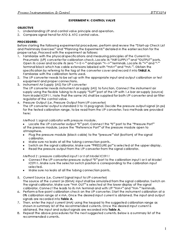Experiment 4 Control Valve | PDF | Calibration | Instrumentation