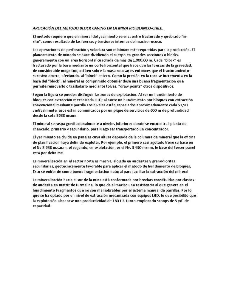 Aplicación Del Metodo Block Caving en La Mina Rio Blanco | PDF ...