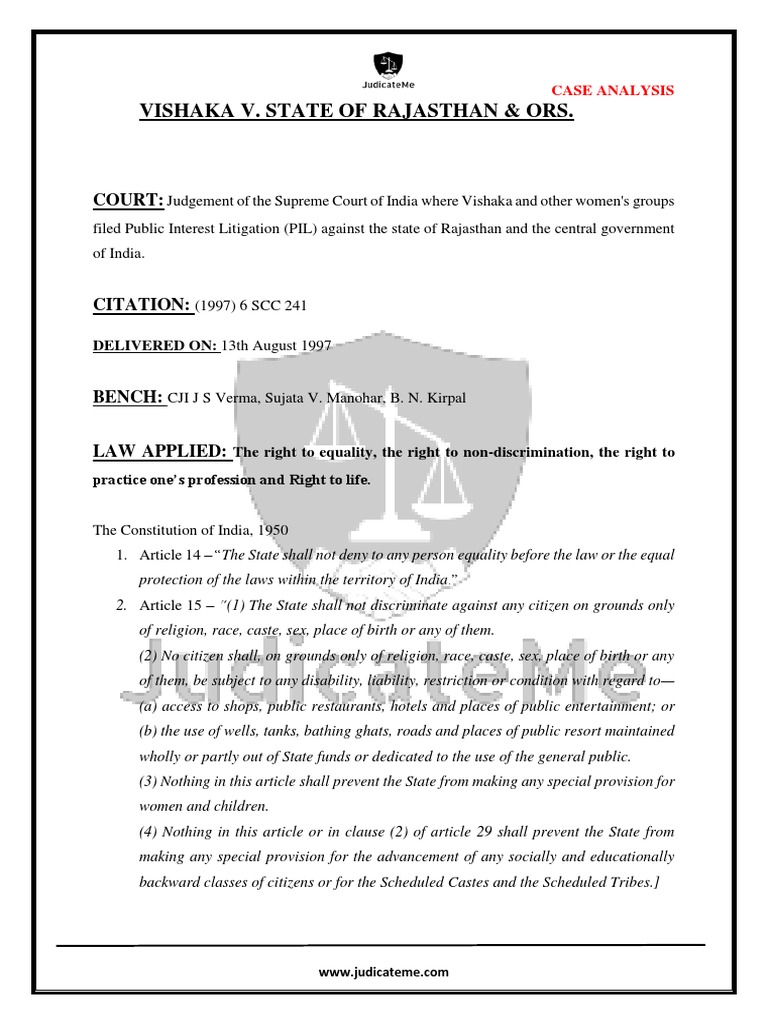 Vishaka V. State of Rajasthan & Ors.: Court | PDF | Sexual Harassment ...