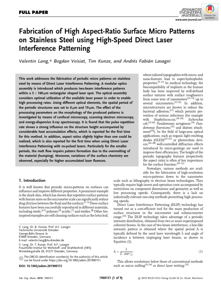 Fabrication of High Aspect-Ratio Surface Micro Patterns On Stainless ...