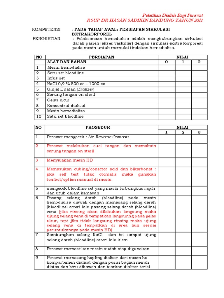 Chek List PELAKSANAAN HD TAHAP Persiapan Sirkulasi Extrakorporeal | PDF