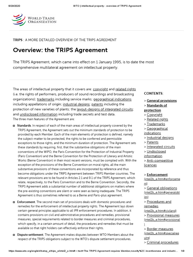 WTO - Intellectual Property - Overview of TRIPS Agreement | PDF | Trips ...