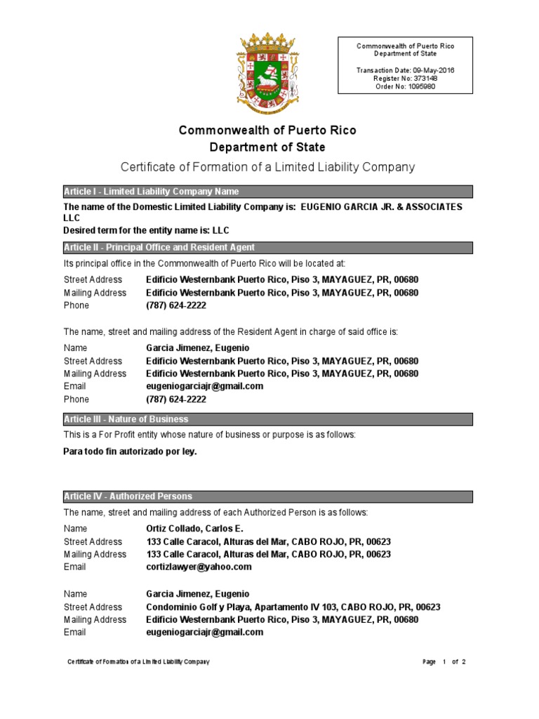 Certificate of LLC Company | PDF | Limited Liability Company | Corporations