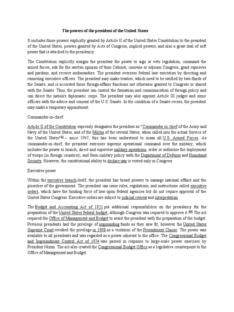 The Powers of The President of The United States | PDF | Presidents Of ...