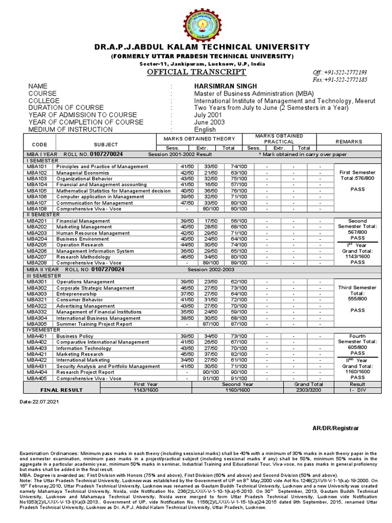 Dr.A.P.J.Abdul Kalam Technical University: Official Transcript | PDF ...
