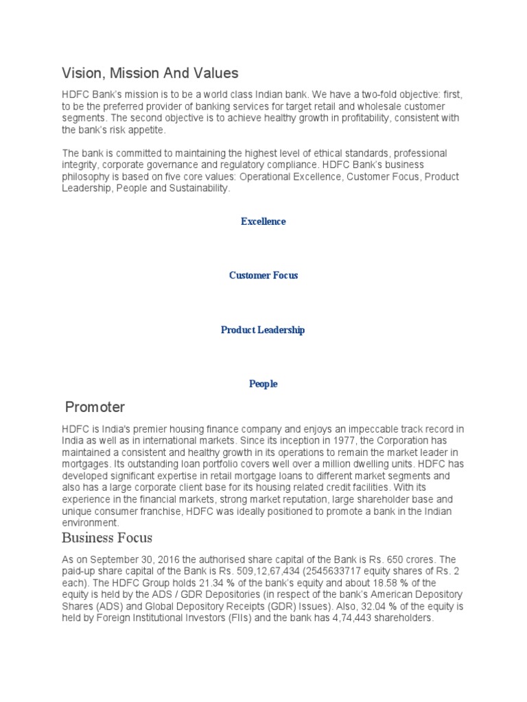 Vision OF HDFC BANK | PDF | Banks | Visa Inc.