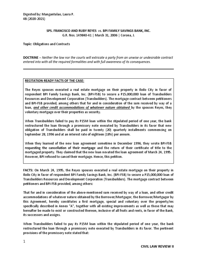 Reyes vs. BPI | Download Free PDF | Mortgage Law | Foreclosure