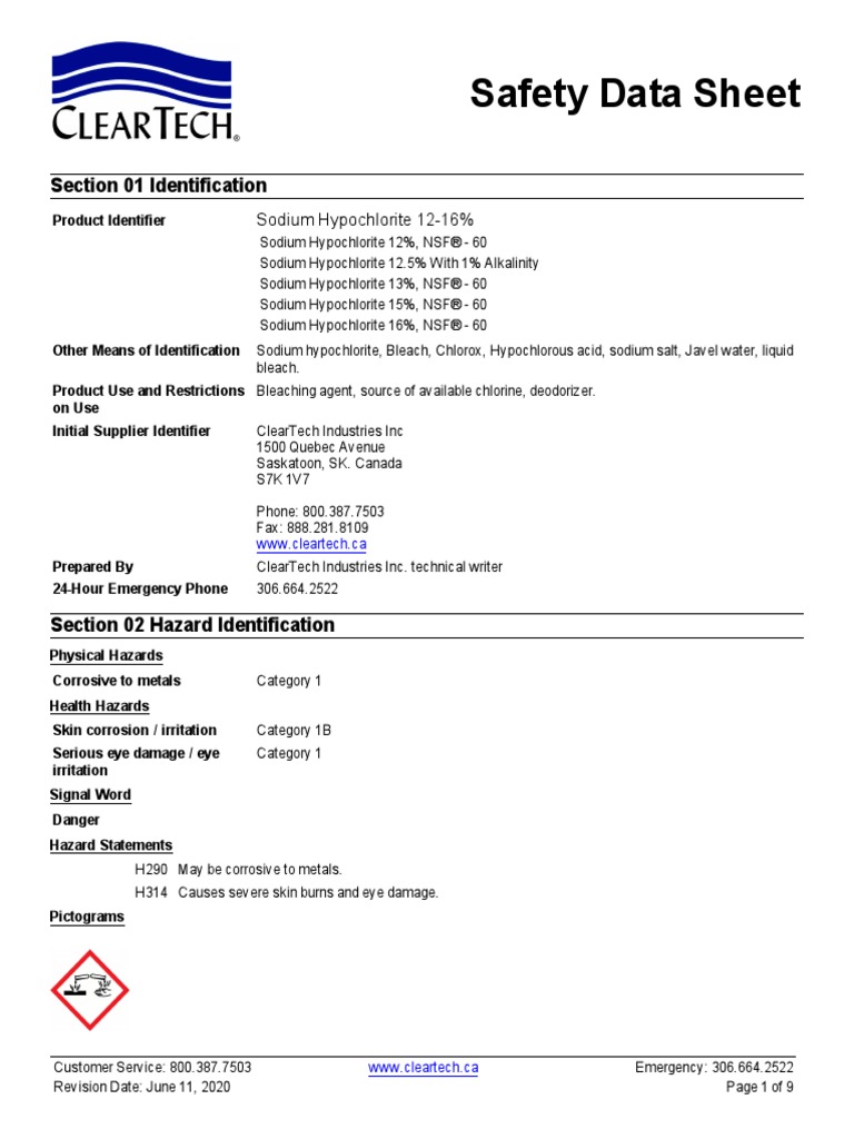 Safety Data Sheet: Section 01 Identification | PDF | Chlorine ...