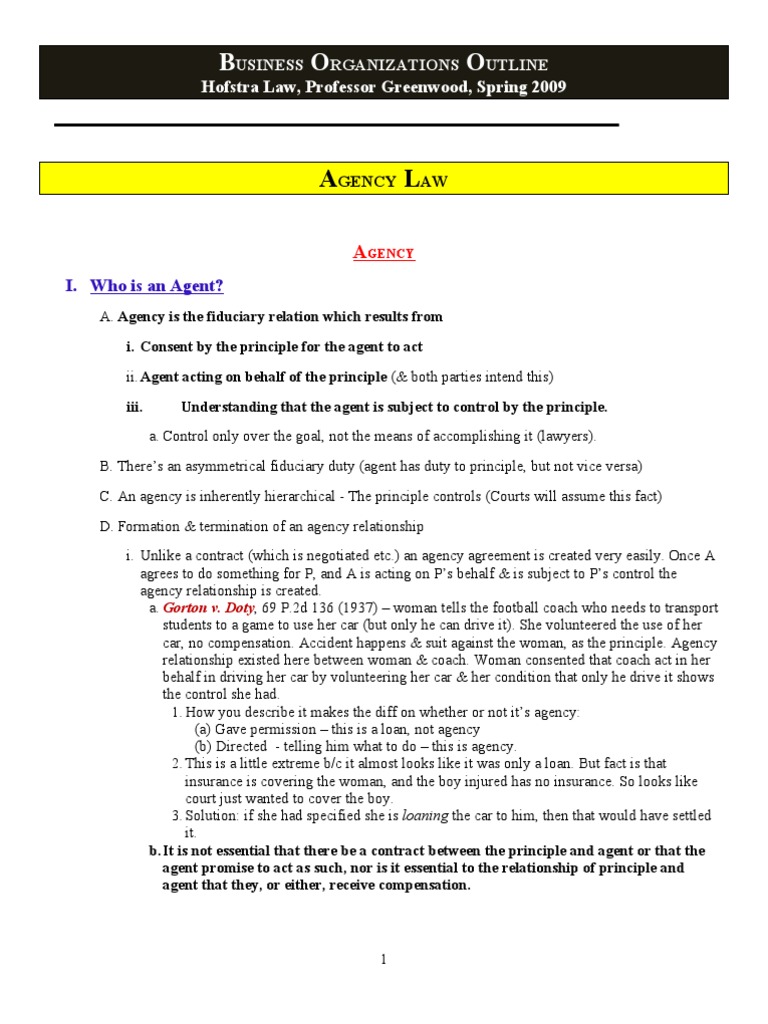 Hofstra Law, Professor Greenwood, Spring 2009: I. Who Is An Agent ...