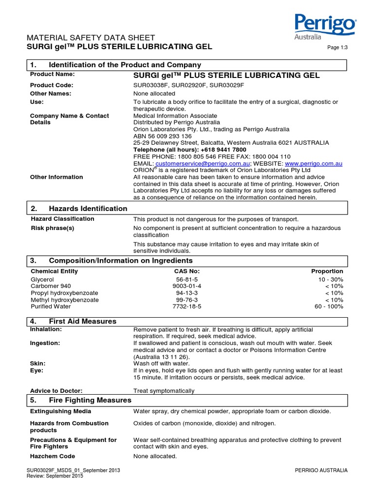 Surgi Gel™ Plus Sterile Lubricating Gel: Material Safety Data Sheet ...