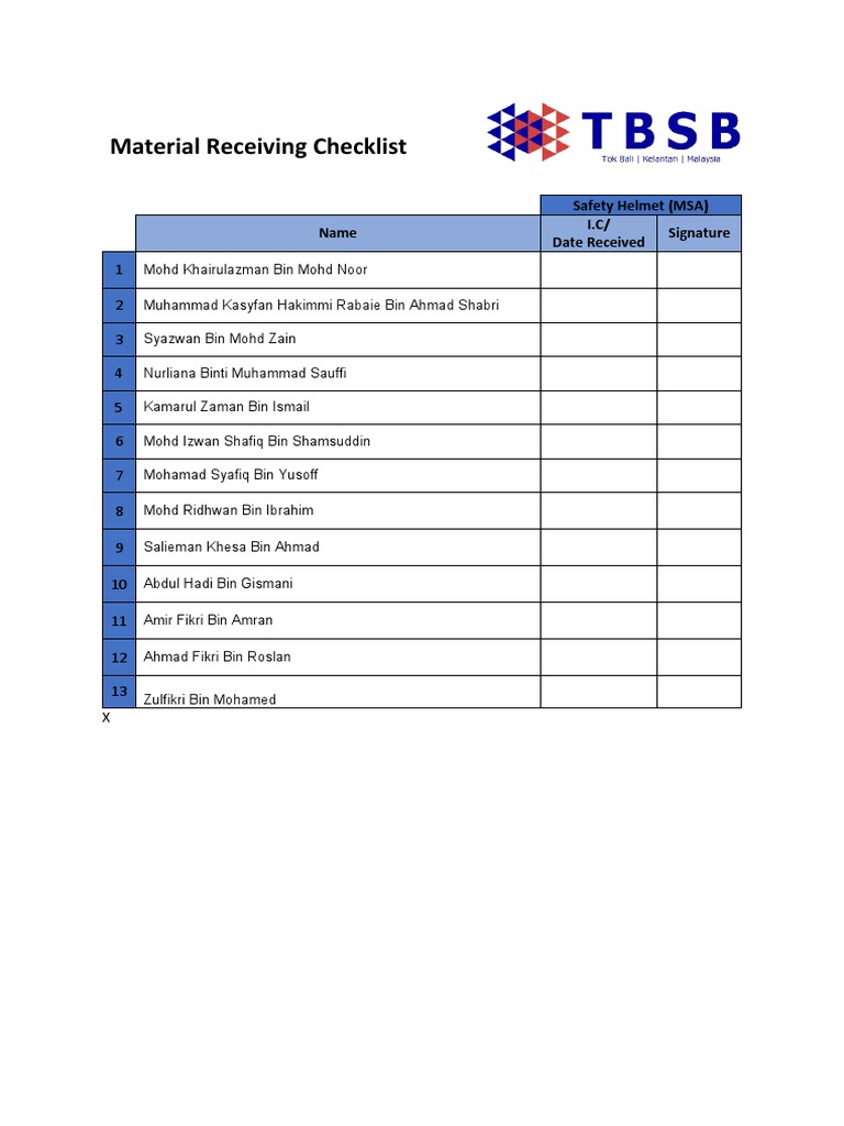 Material Receiving Checklist: Safety Helmet (MSA) Name I.C/ Date ...