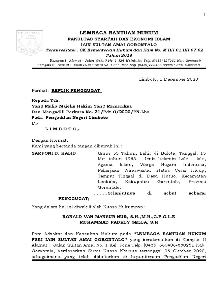 Replik Penggugat | PDF | Hukum