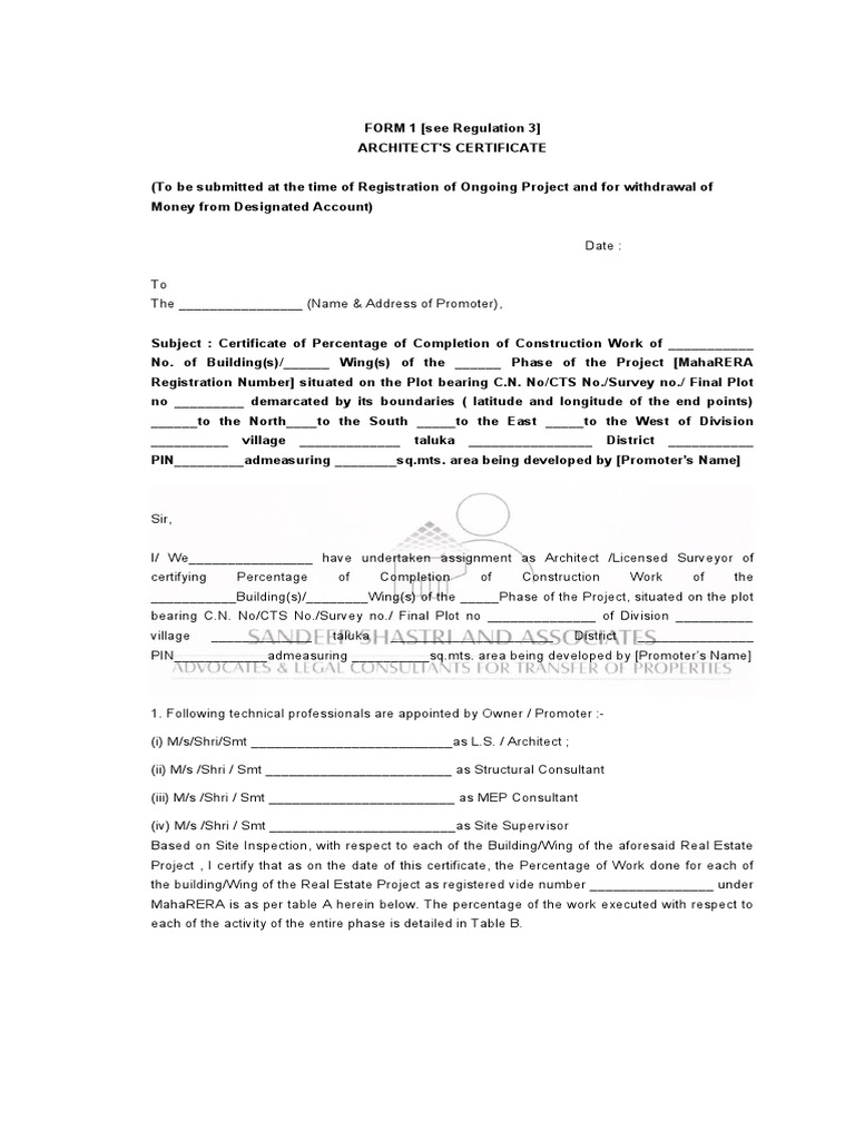 Rera-Form 1-Architects Certificate | PDF | Elevator | Sanitary Sewer