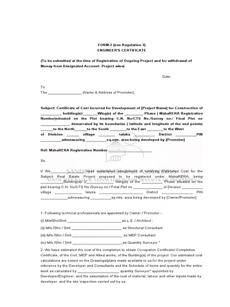 RERA Form 2: Engineer's Cost Certificate | PDF | Cost