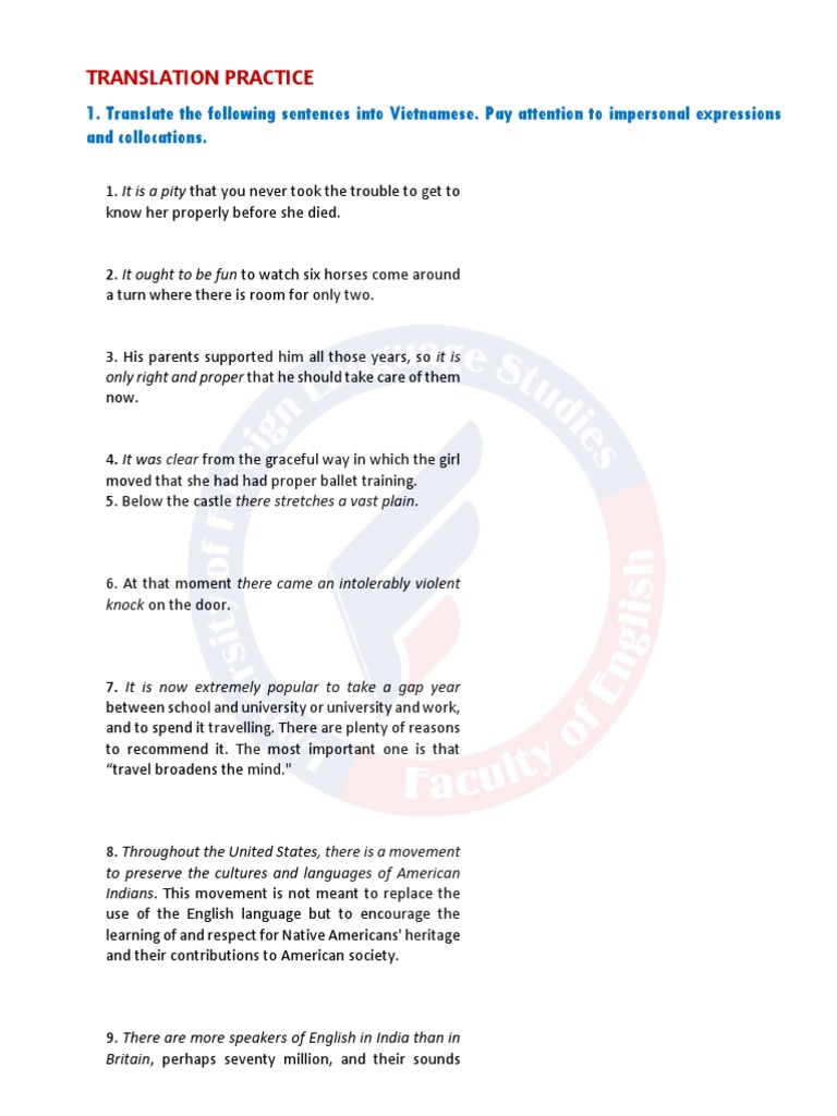 Translation Practice: Exercises in Translating Between English and ...