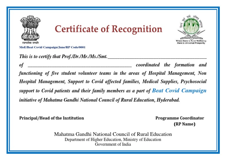 Student Volunteer Certificate - Beat Covid | PDF