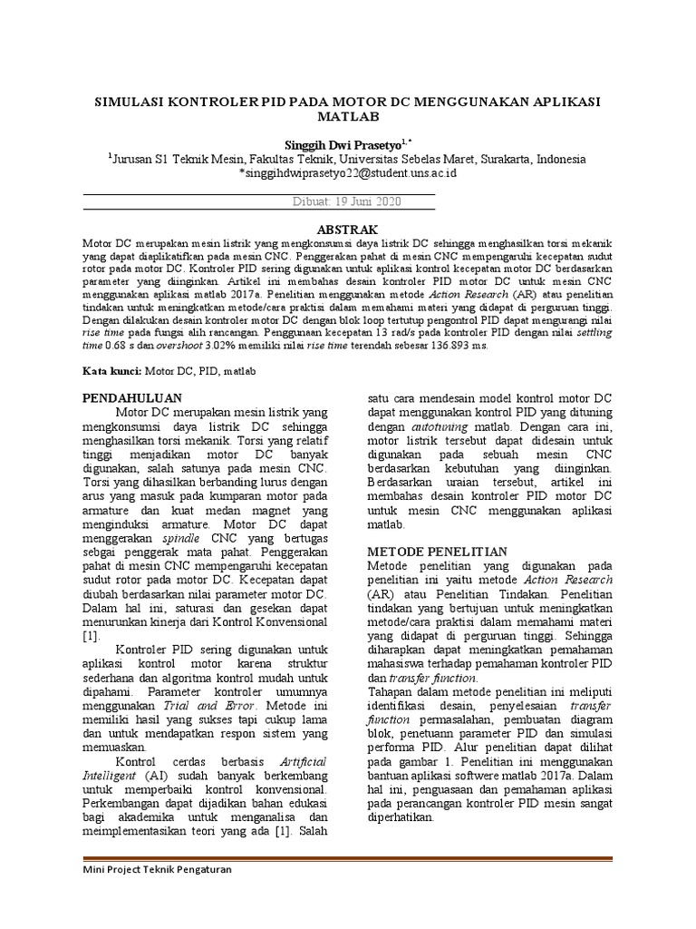 Simulasi Kontroler Pid Pada Motor DC Menggunakan Aplikasi Matlab | PDF ...