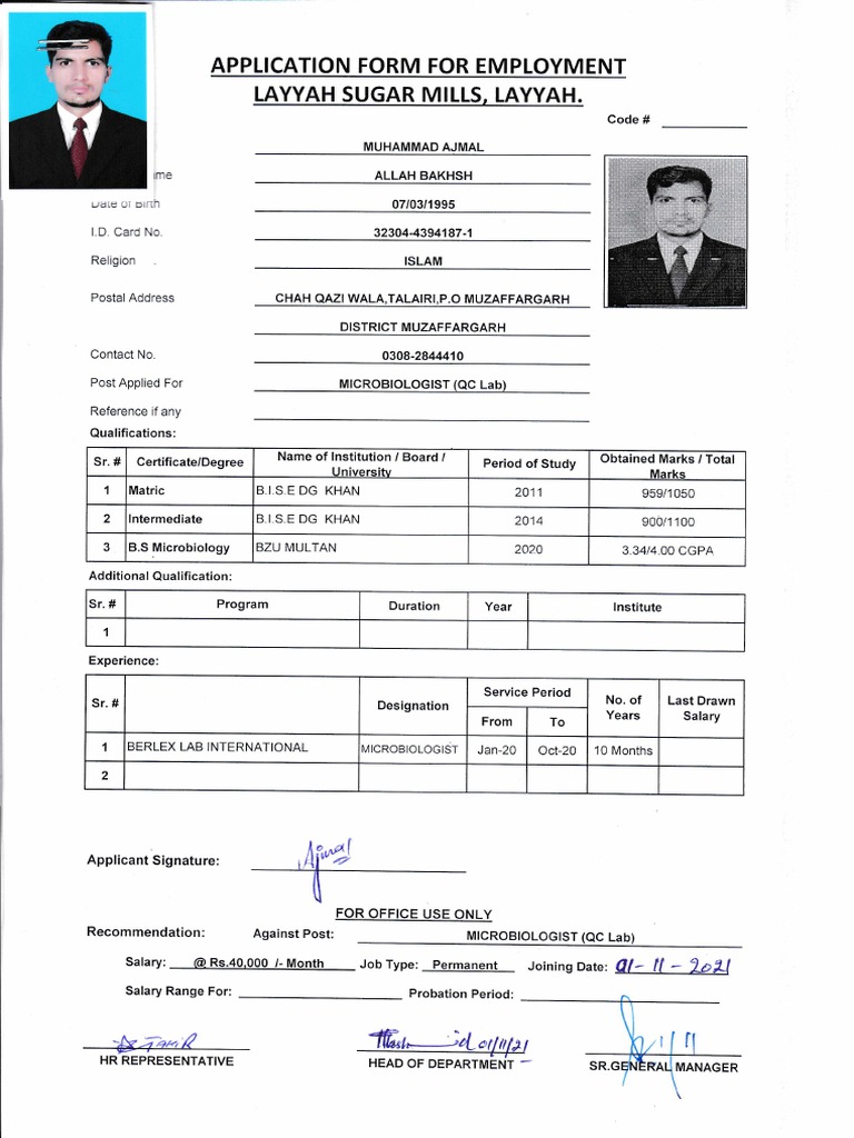 Application Employment Layyah Sugar Mills, Layyah.: Llniversifv DG | PDF