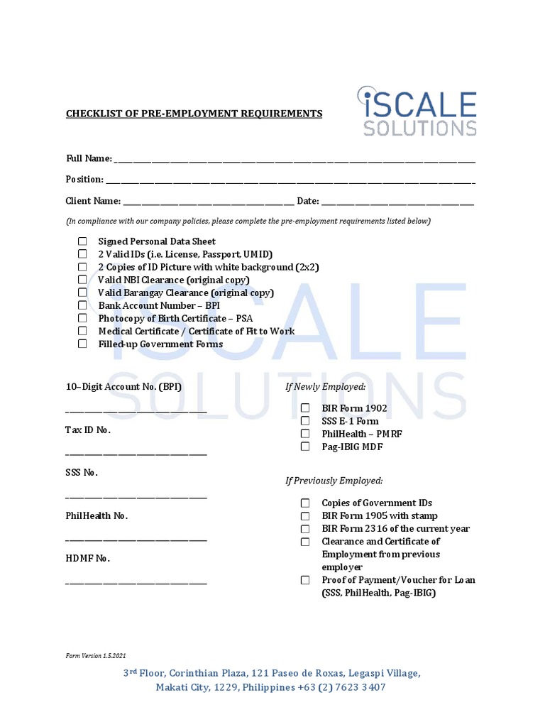 Pre-Employment Requirements Checklist | PDF | Receipt | Identity Document