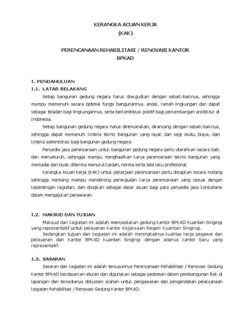 KAK Perc Rehabilitasi Renovasi Gedung Kantor BPKAD | PDF