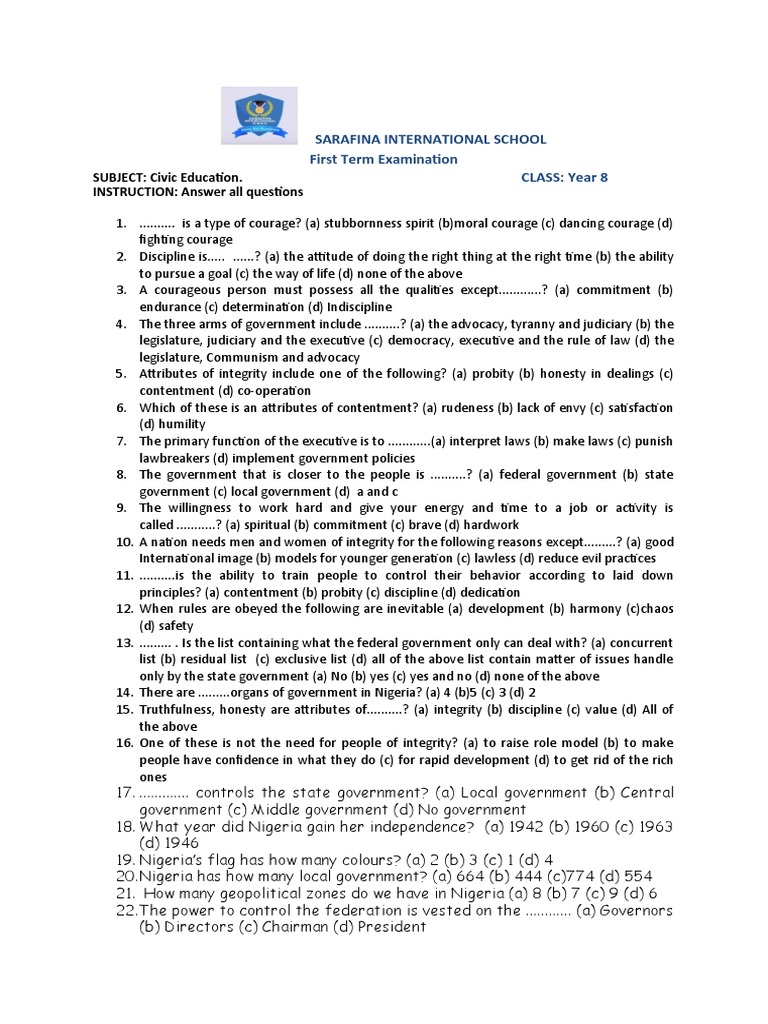 Year 8 Civic Education Exam Questions | PDF | Integrity | Courage