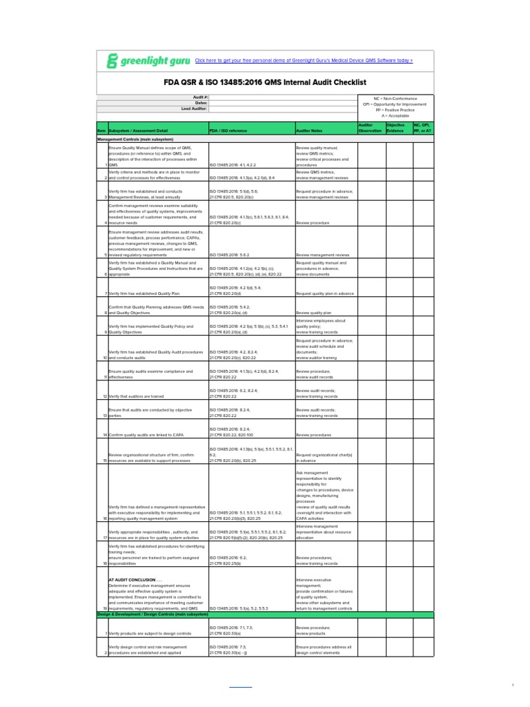 FDA QSR & ISO 13485-2016 QMS Internal Audit Checklist Greenlight Guru ...