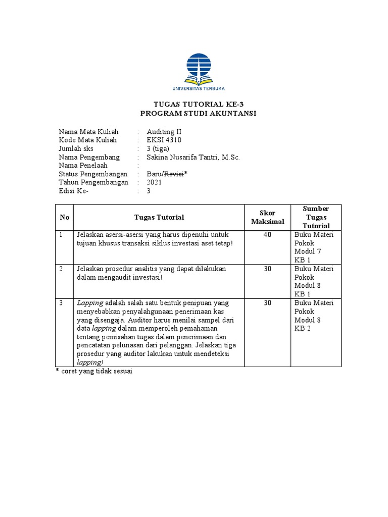 TUGAS TUTORIAL KE-3 Auditing 2 EKSI 4310 | PDF TUGAS TUTORIAL KE-3 Auditing 2 EKSI 4310 | PDF