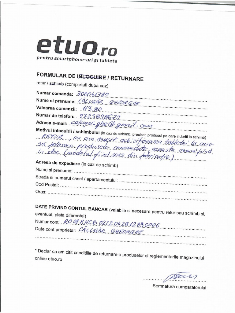 Formular Returnare | PDF