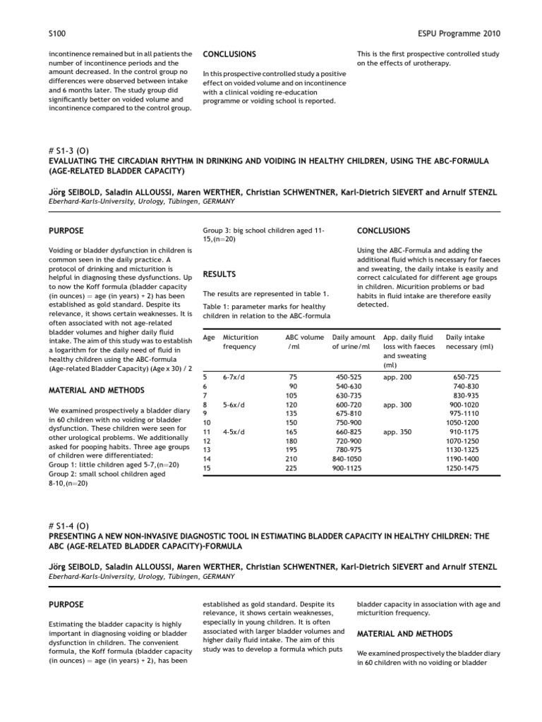 Bladder Capacity ABC & Koff Formula and Daily Fluid Intake | PDF ...
