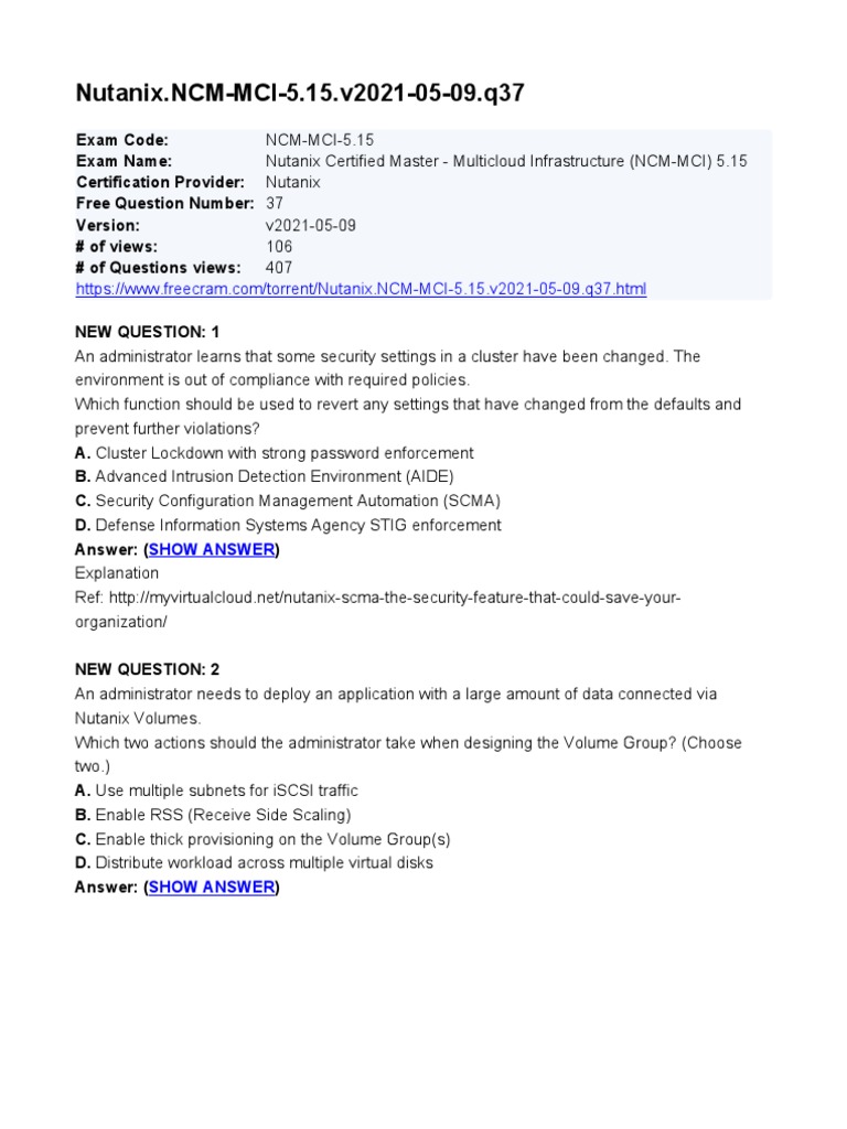 Nutanix - NCM-MCI-5.15.v2021-05-09.q37: Show Answer | PDF | Computer Cluster | Computer Network